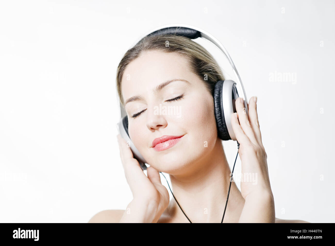 Woman, young, eyes closed, headphones, music, portrait, hear, model ...