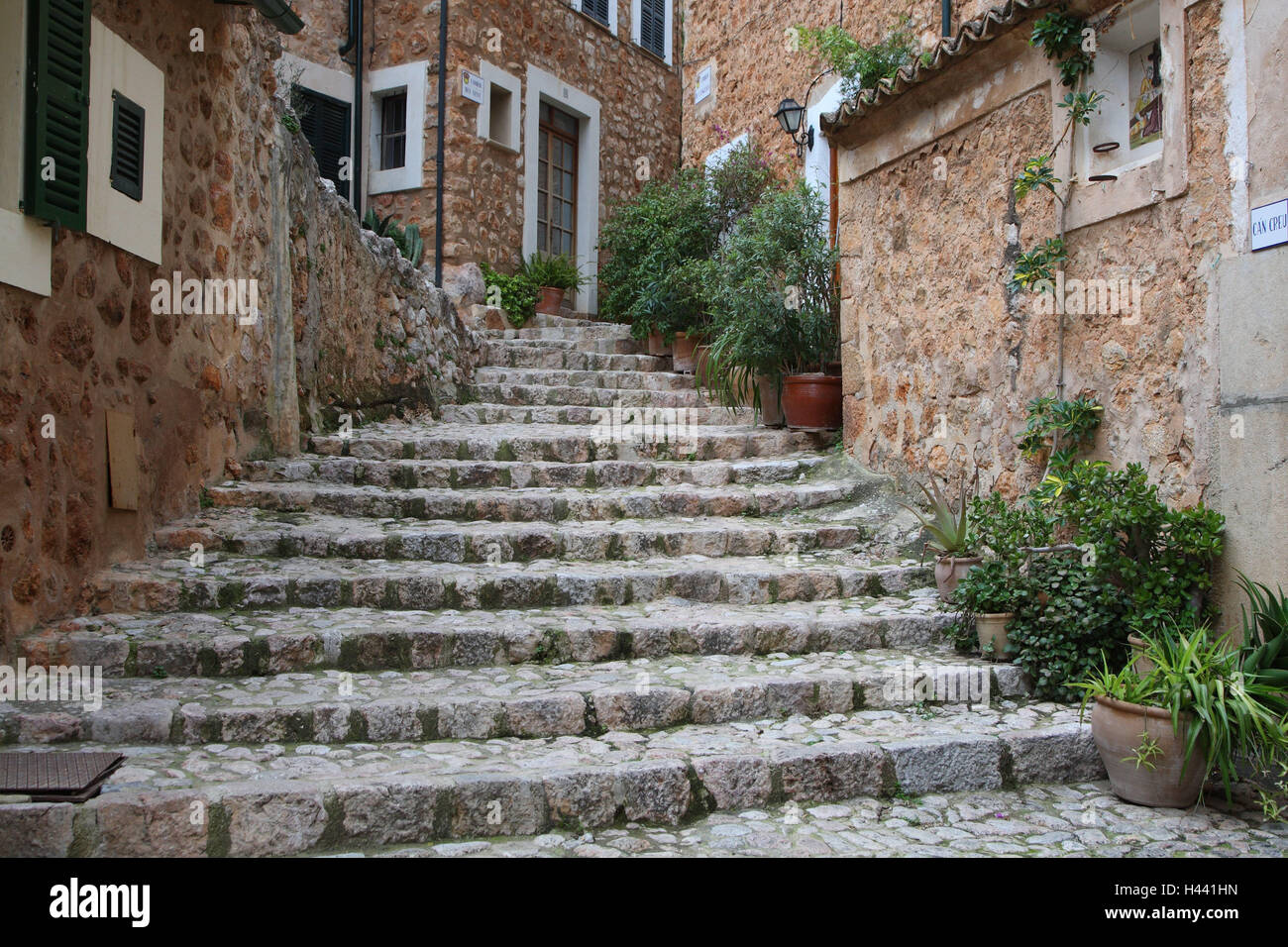 Majorca, Fornalutx, residential houses, lane, steps, Spain, the ...