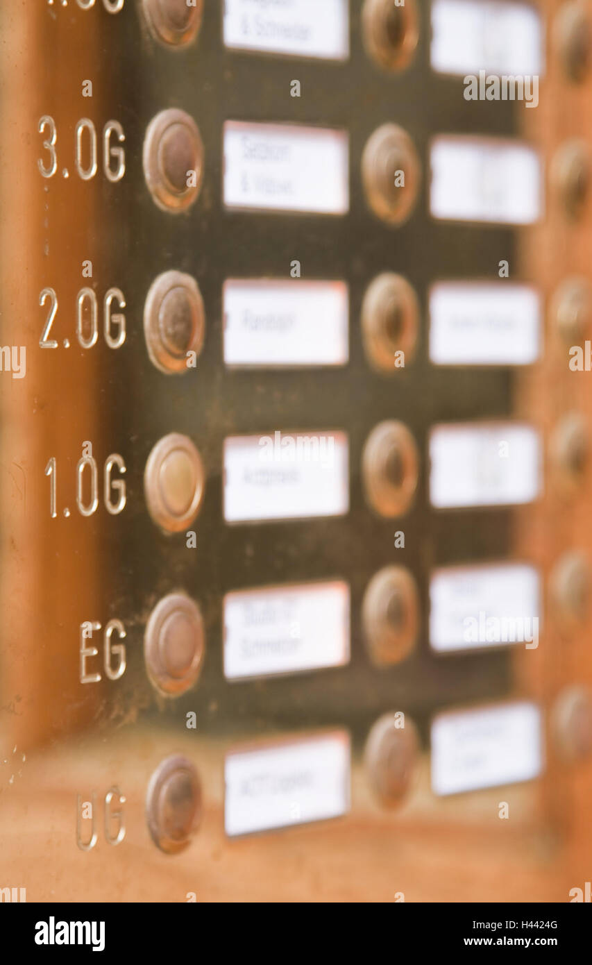 Entrance, bell buttons, medium close-up, outside, house, block flats ...