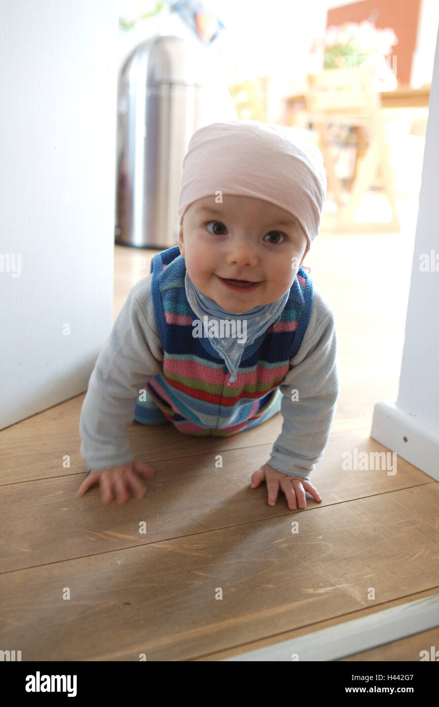 Baby, floor, creep, smile, happily, brightly, child, development ...