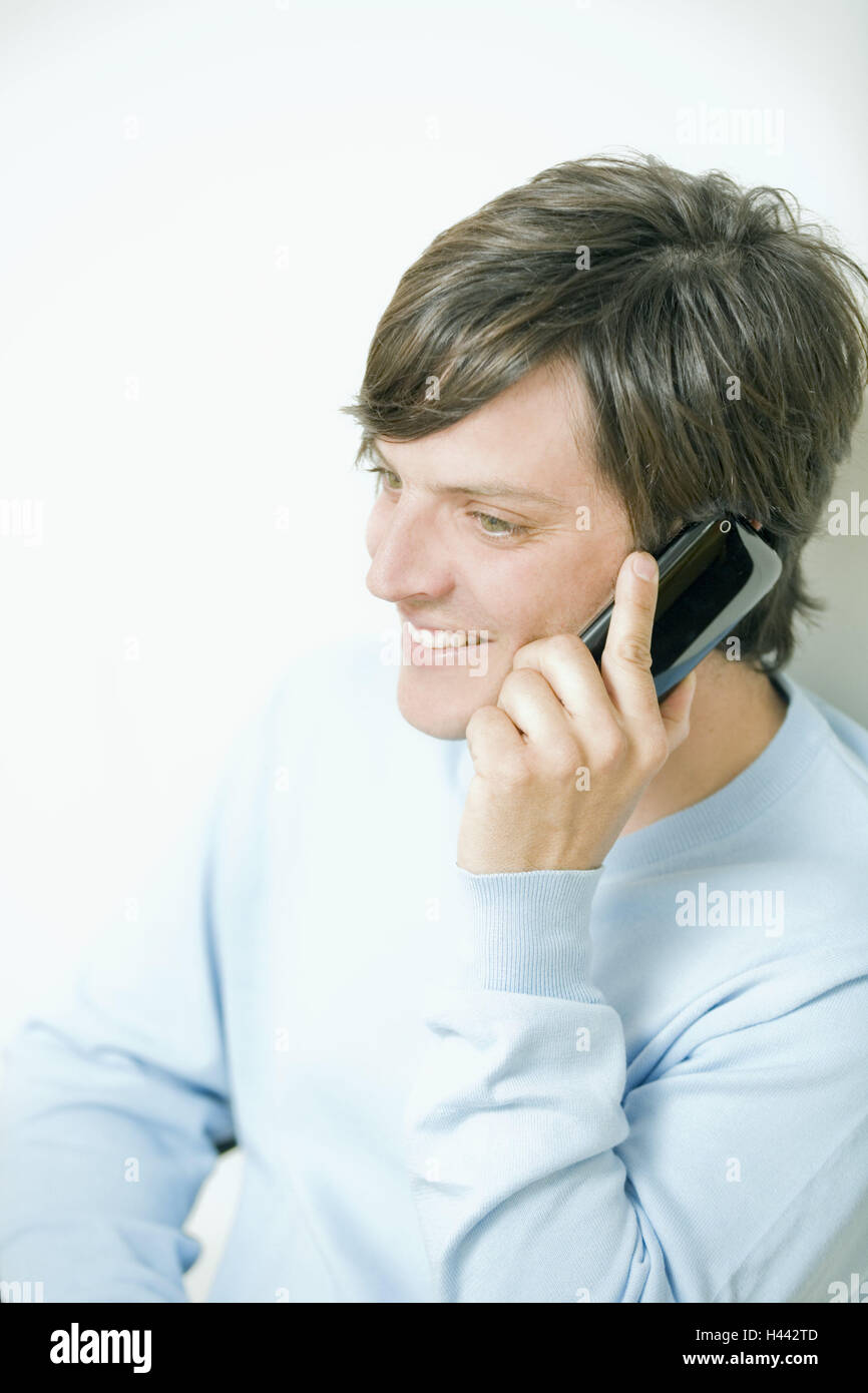 Man, mobile phone, call up, smile, portrait, person, brunette, phone ...