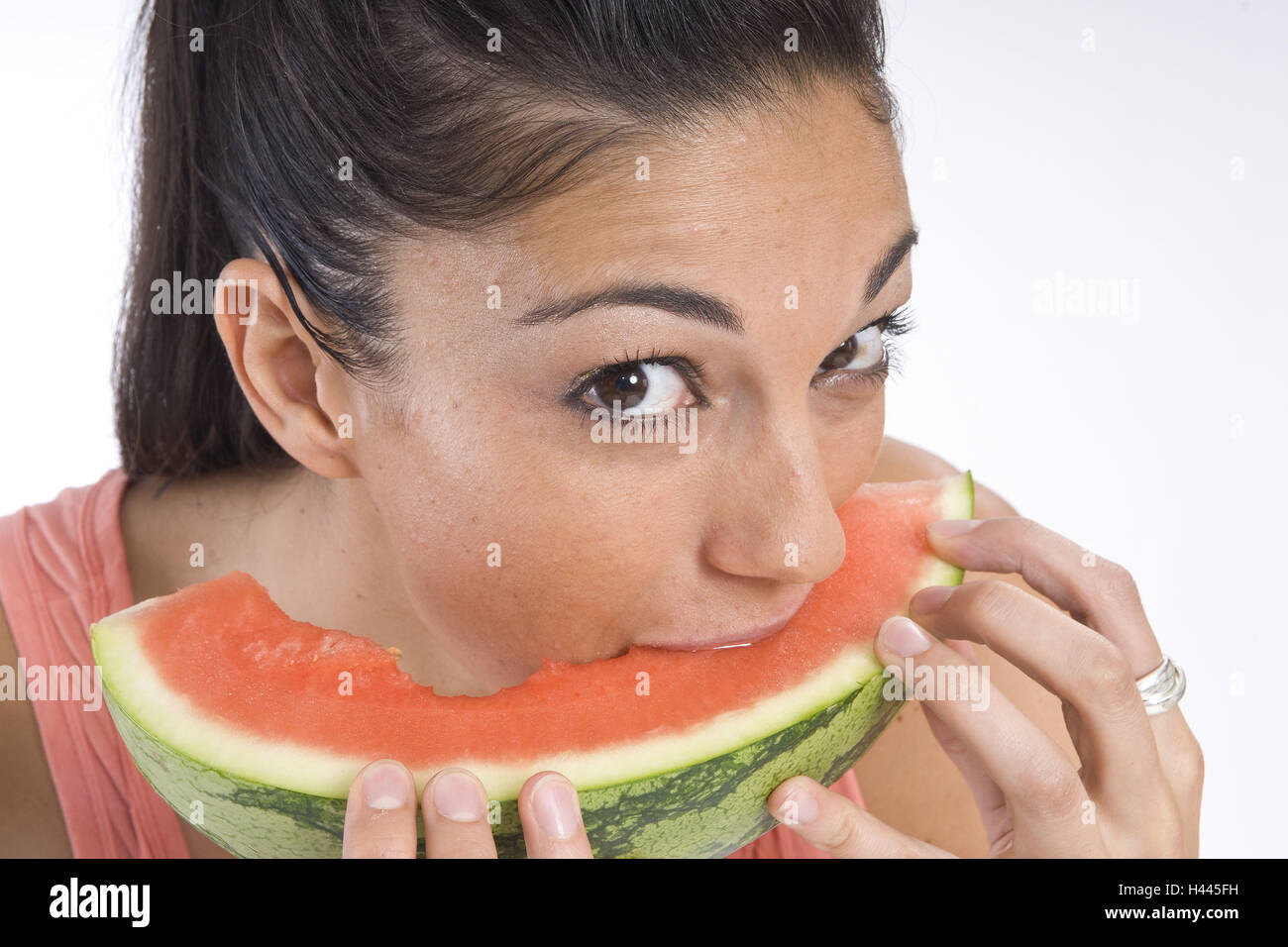 Woman, young, portrait, watermelon, eat, bite off, portrait Stock Photo ...