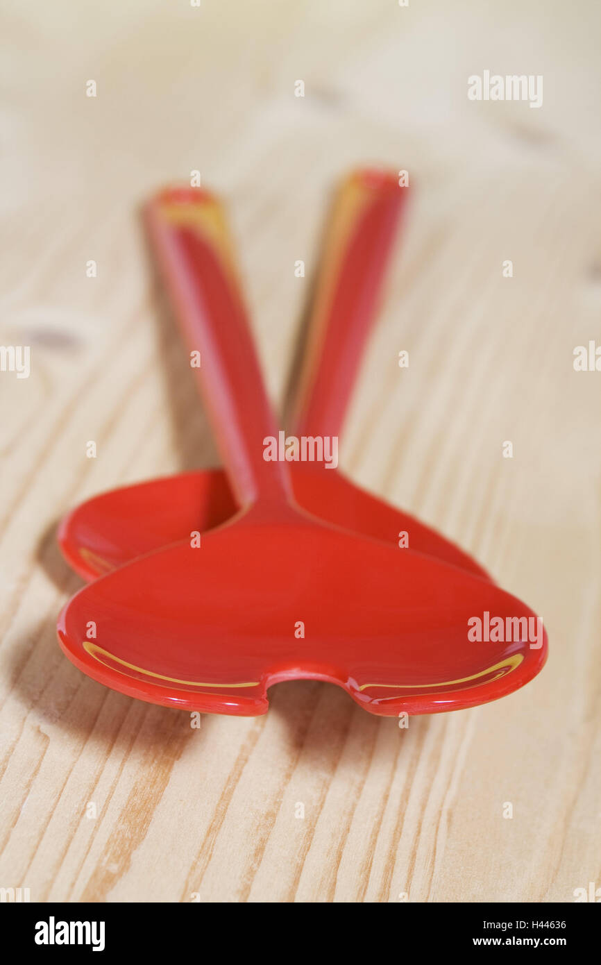 wooden table, salad server, red, cuisine, instruments, plastic ...