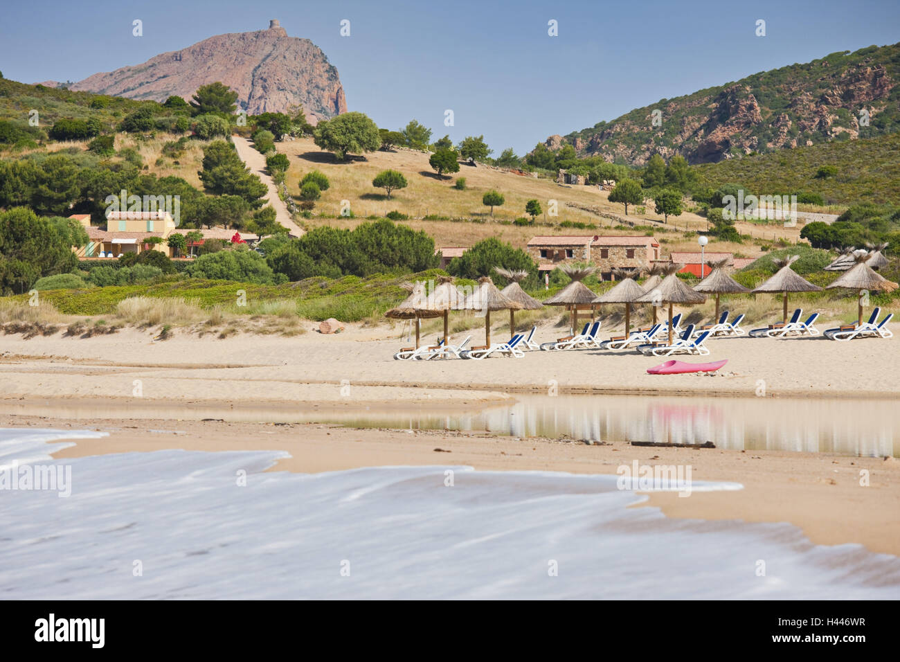 France, Corsica, beach, Capu Rossu, pest d'Arone, display screens Stock ...