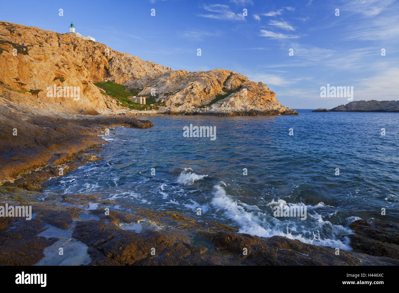 France, Corsica, L'Ile Rousse, lighthouse, Phare de la Pietra, coast ...