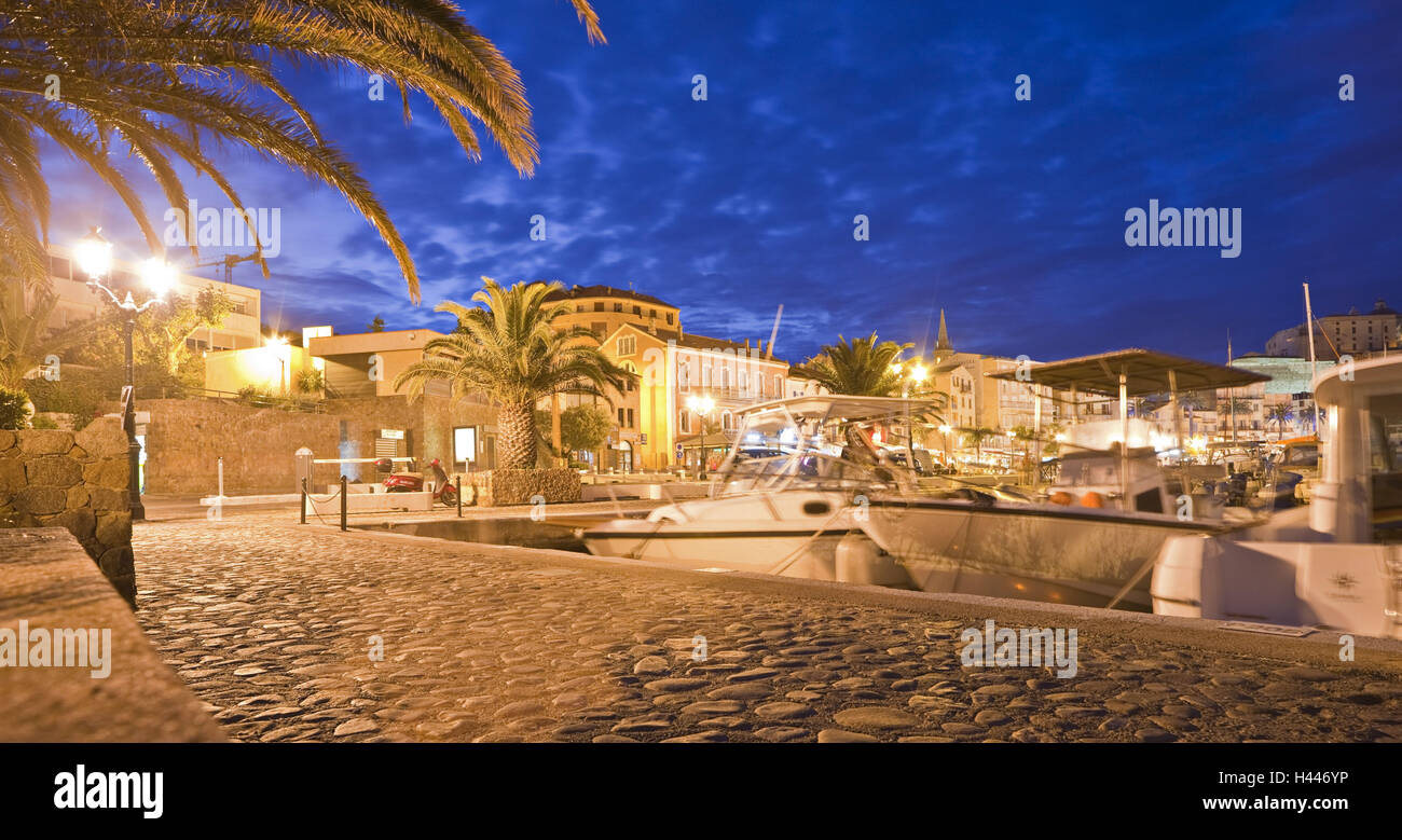 France, Corsica, Calvi, town view, harbour, lighting, evening Stock ...