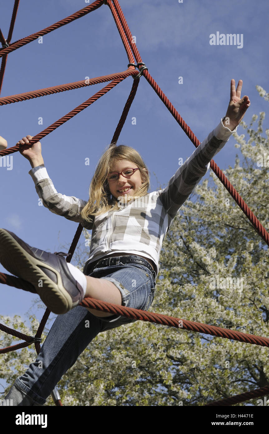 Girls, 10 years, climbing frame, child, person, climb, ropes, leisure ...