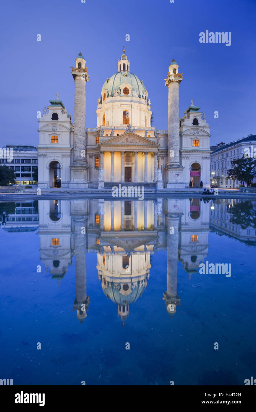 Austria, Vienna, Karlsplatz, Karlskirche, lighting, evening Stock Photo ...