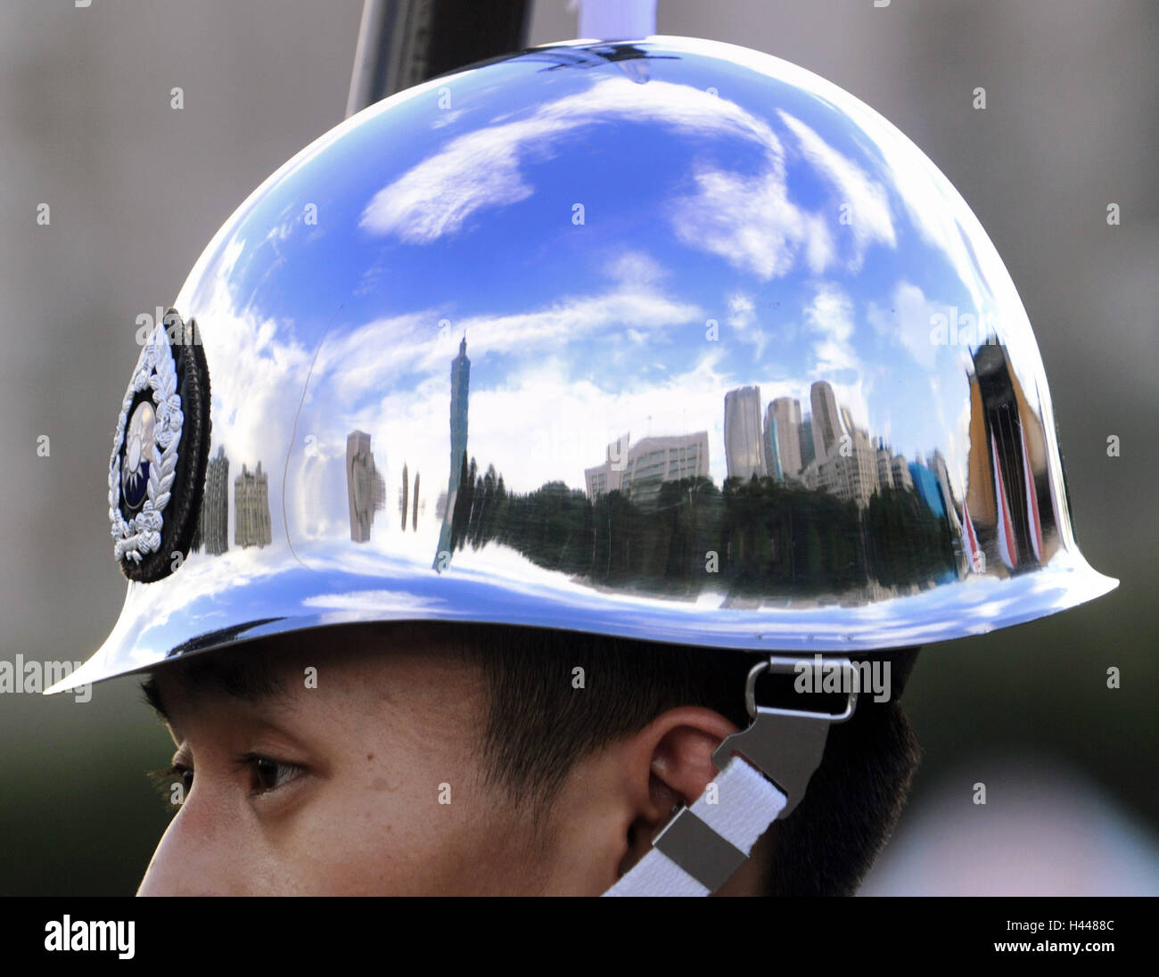 Guardsman, uniform, helmet, mirroring, skyline, Taipeh, Taiwan Stock ...