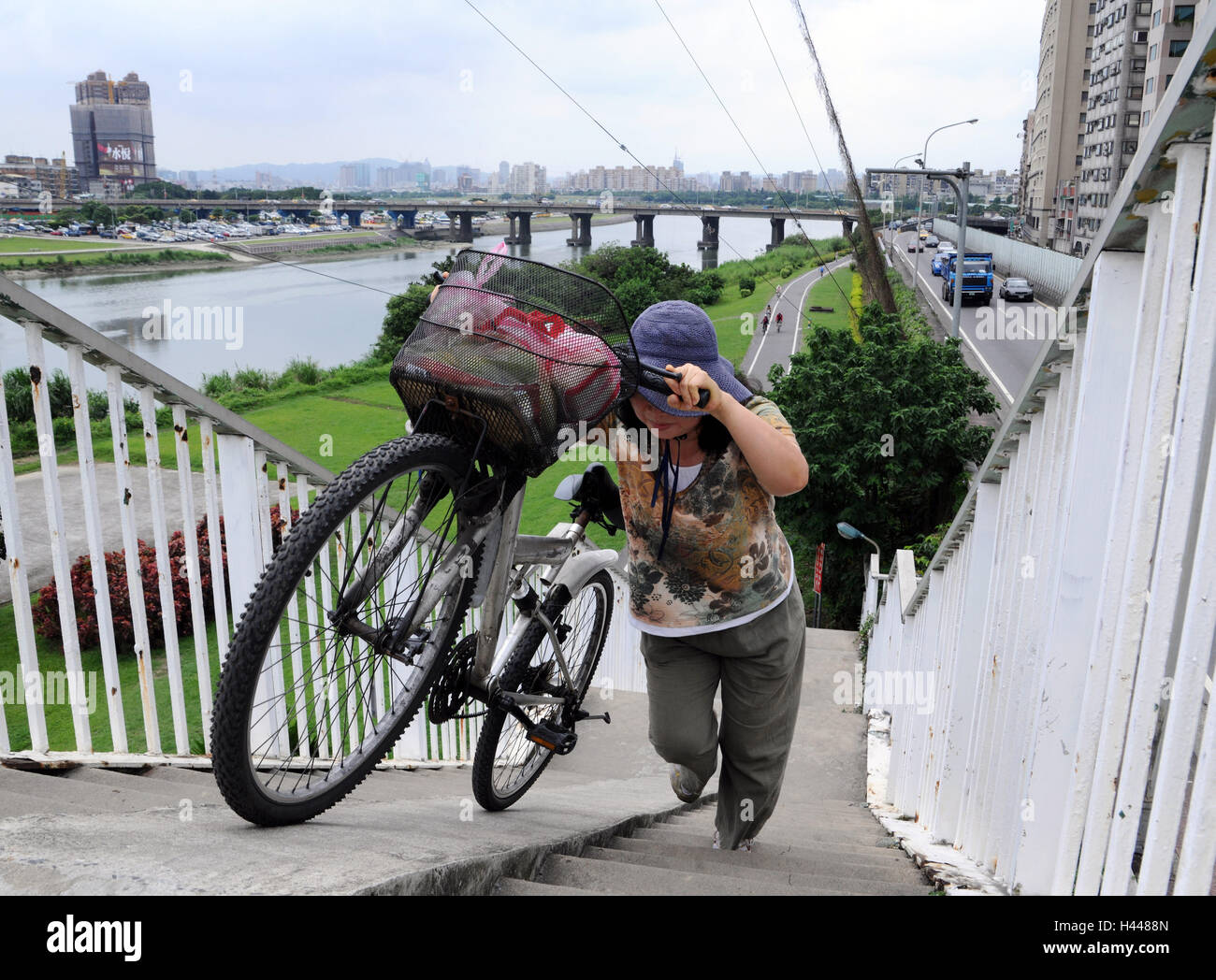 Woman, bicycle, stairs, bridge, push, uphill, Taipeh, Taiwan Stock ...
