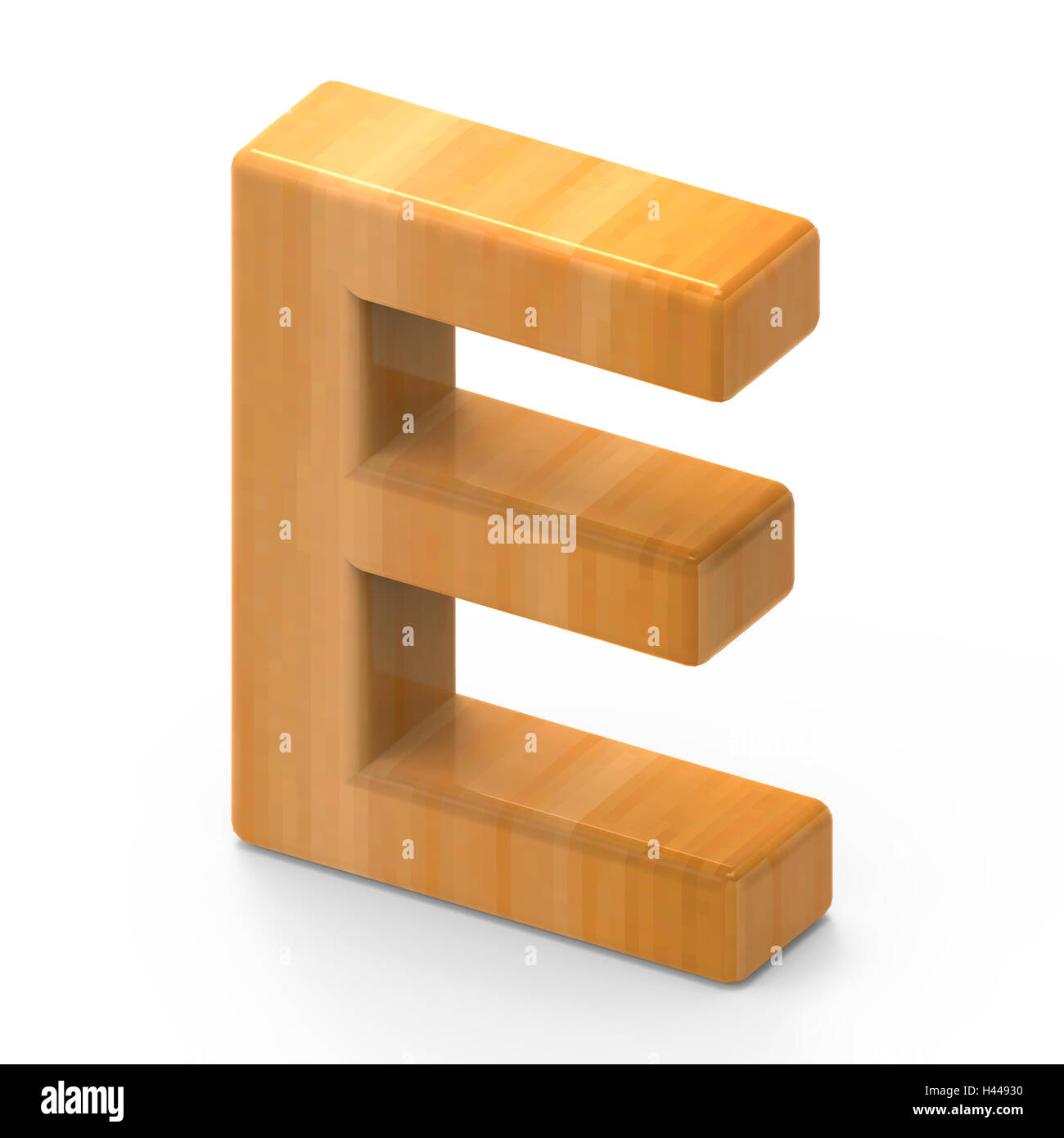 3D rendering wooden grain letter E isolated on white background, light ...