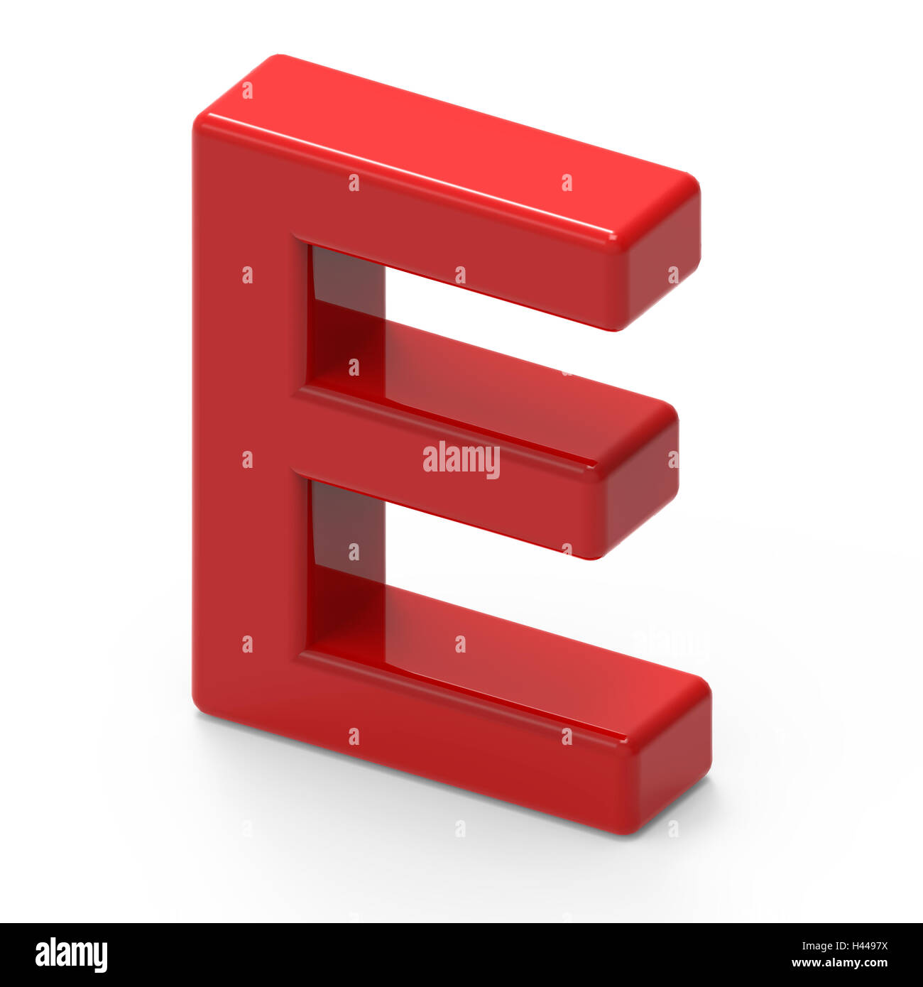3D rendering red capital letter E isolated on white background, smooth ...