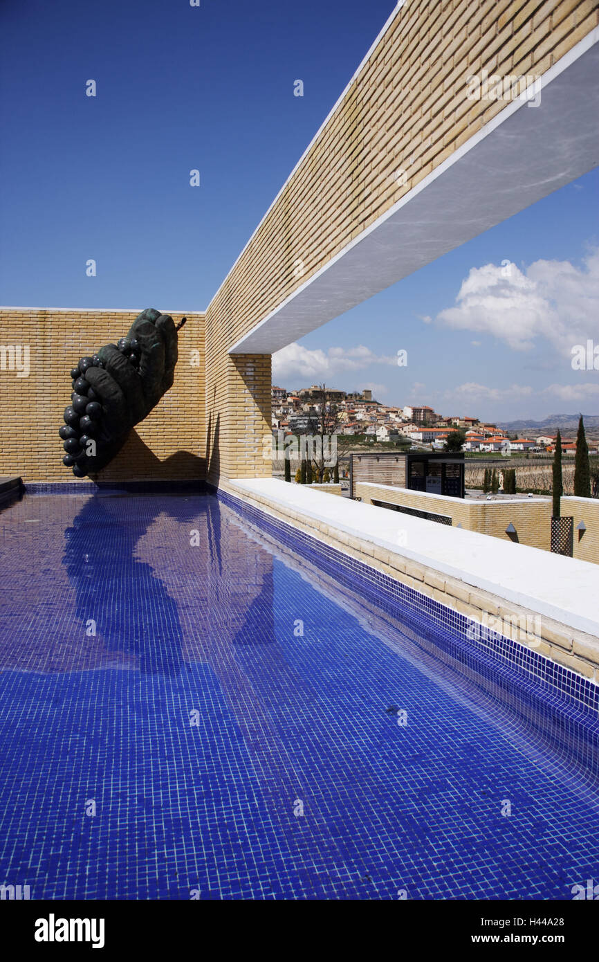 Spain, La Rioja, wine museum, swimming pool, sculpture, hand, grapes ...