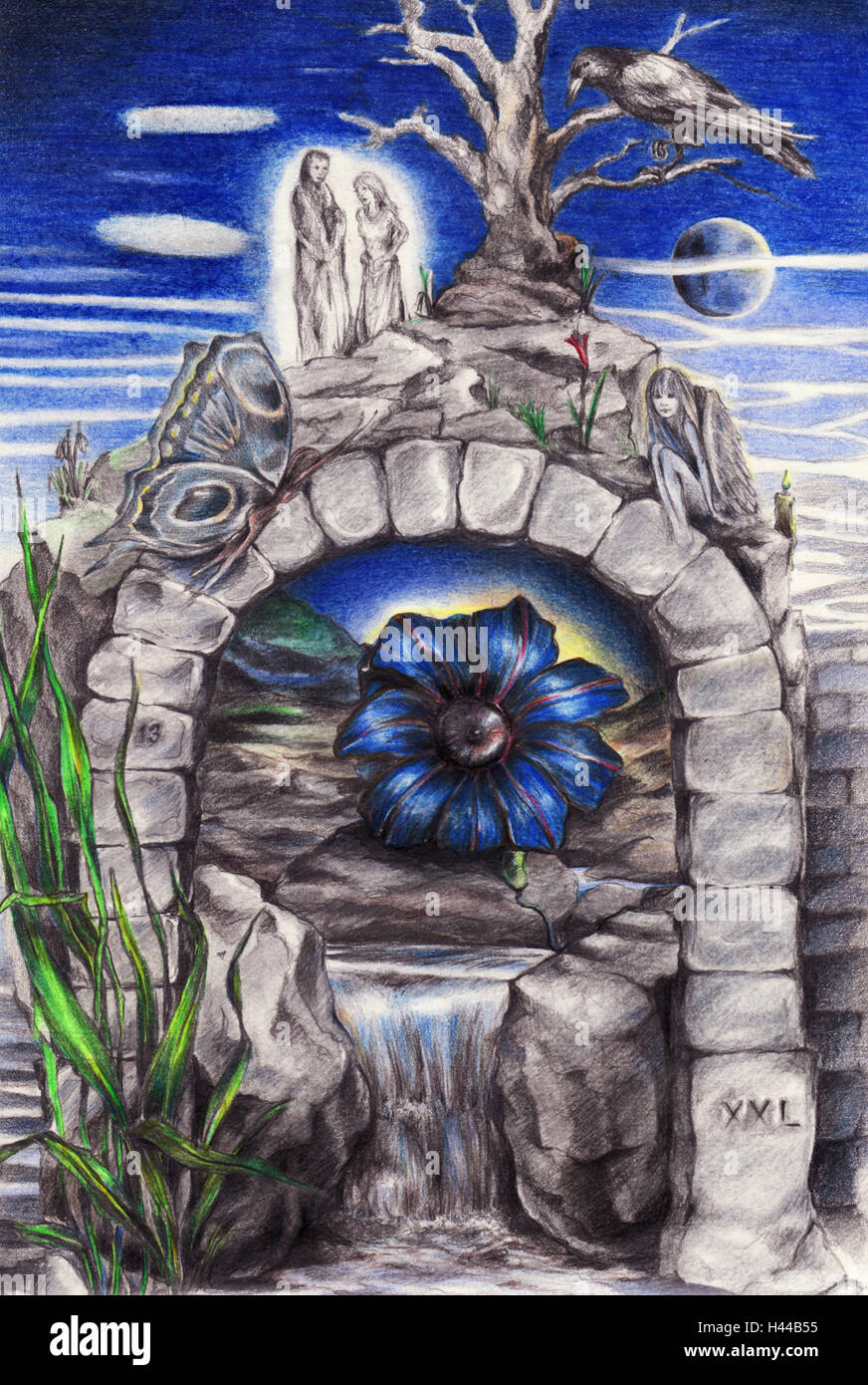 Stone goal, couple, flower, blue, illustration Stock Photo - Alamy