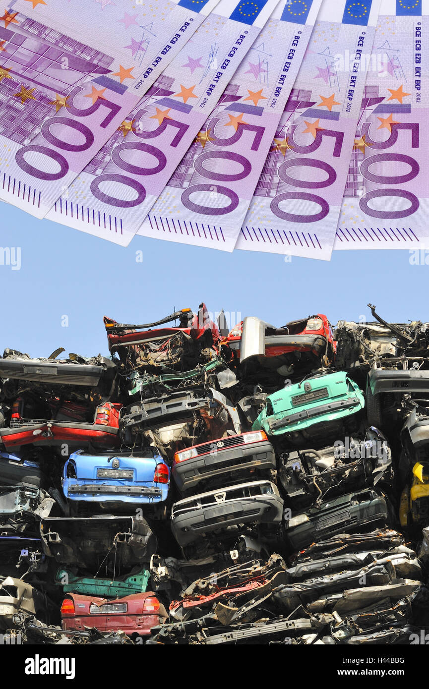 Composing, junker cars, banknotes, icon, Abwrackprämie Stock Photo - Alamy