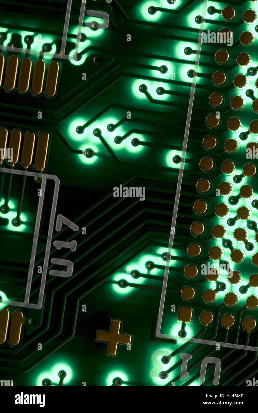 To board, close up, electronics, green, copper circuit, conductor paths ...