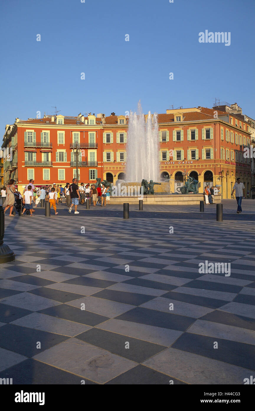 France, Cote d'Azur, Nice, Place Massena, fountain, tourist, evening ...
