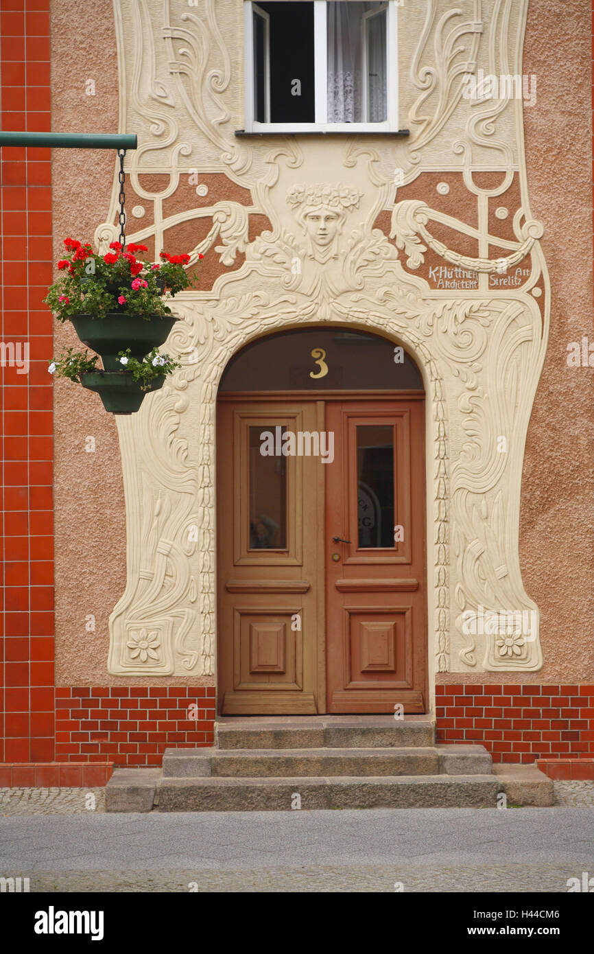 Germany, Mecklenburg-West Pomerania, Neustrelitz, art nouveau house, facade, detail, input Stock ...