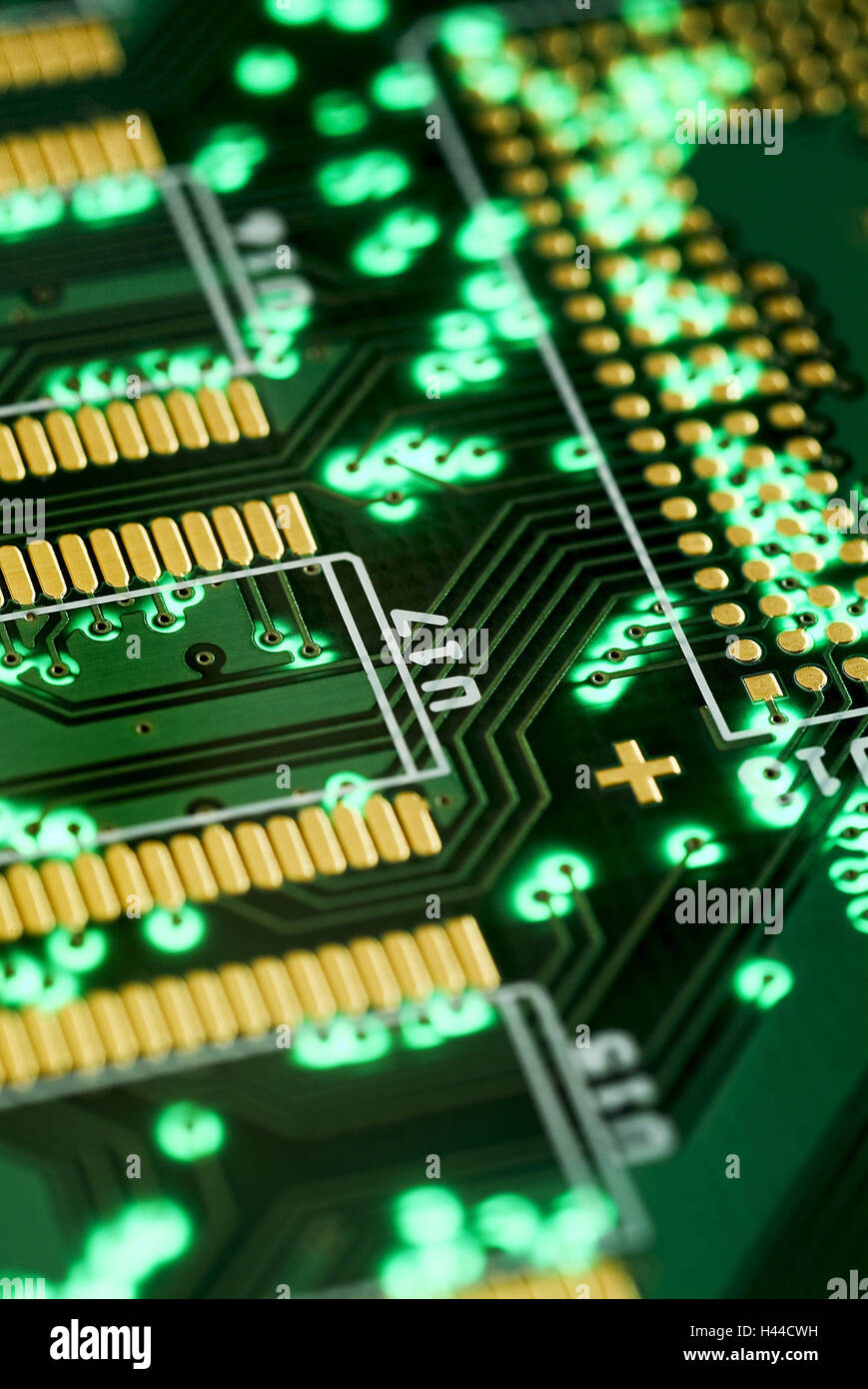 To board, close up, electronics, green, copper circuit, conductor paths ...