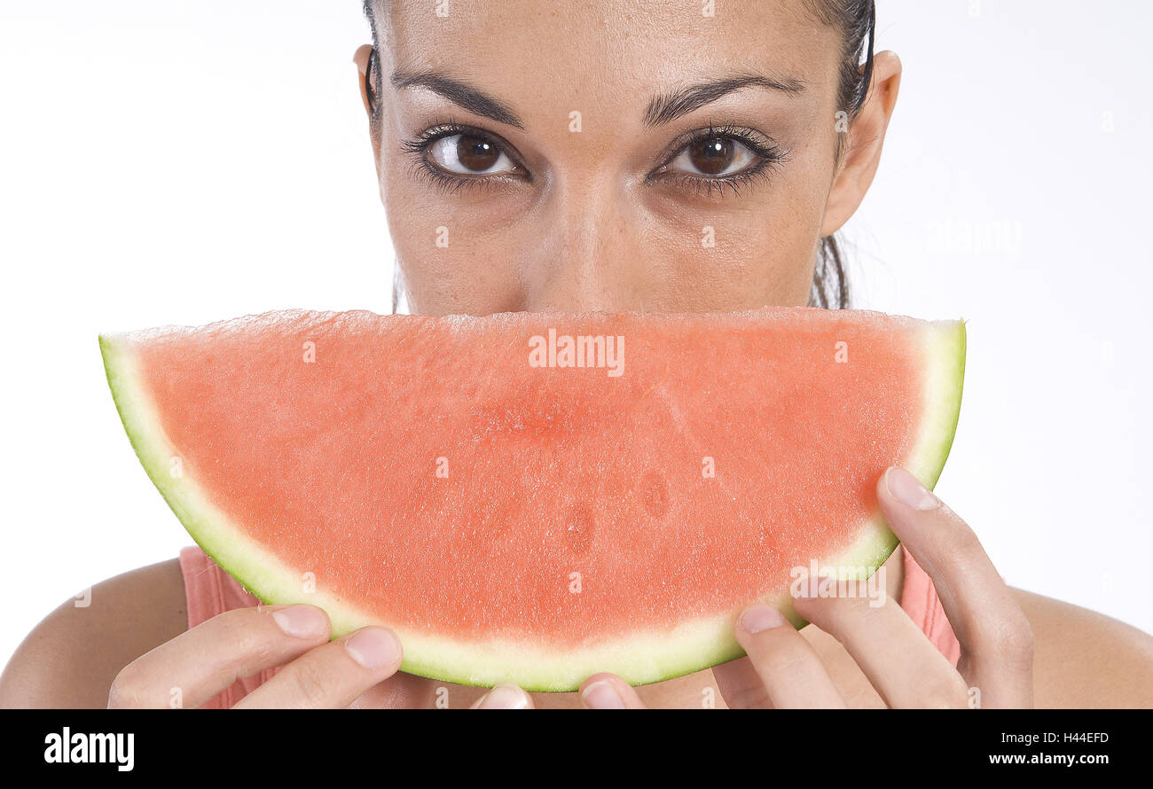 Woman, young, portrait, watermelon, piece, hold, portrait Stock Photo ...