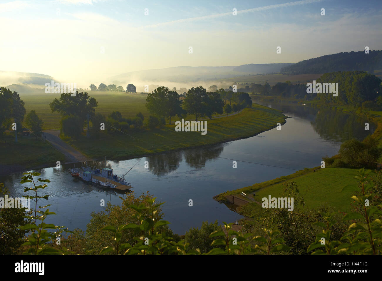 Germany, Lower Saxony, Weser Hills, Polle, Weser ferry, autumn fog ...