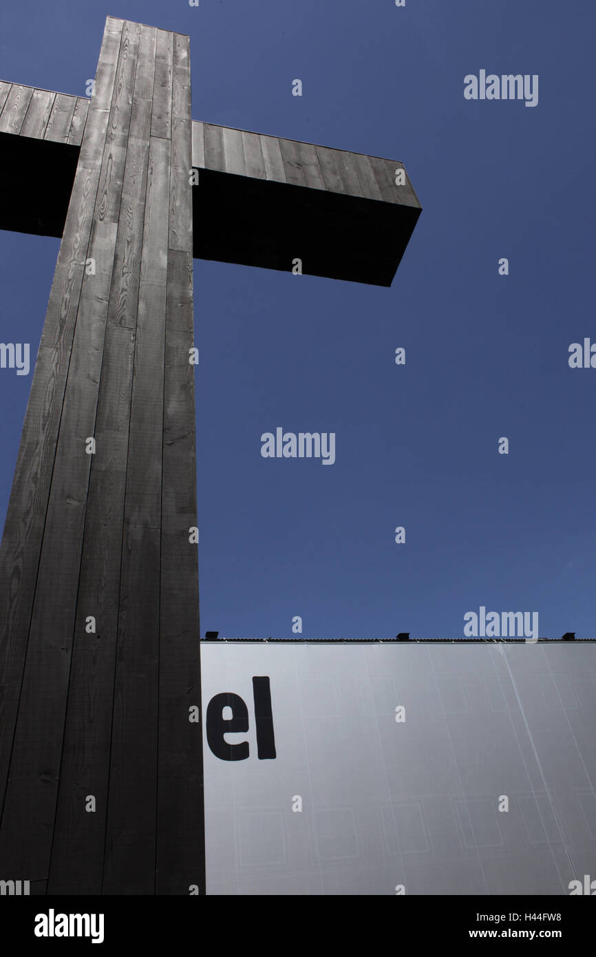Switzerland, Basel, cross, building, facade, detail, art, wooden ...