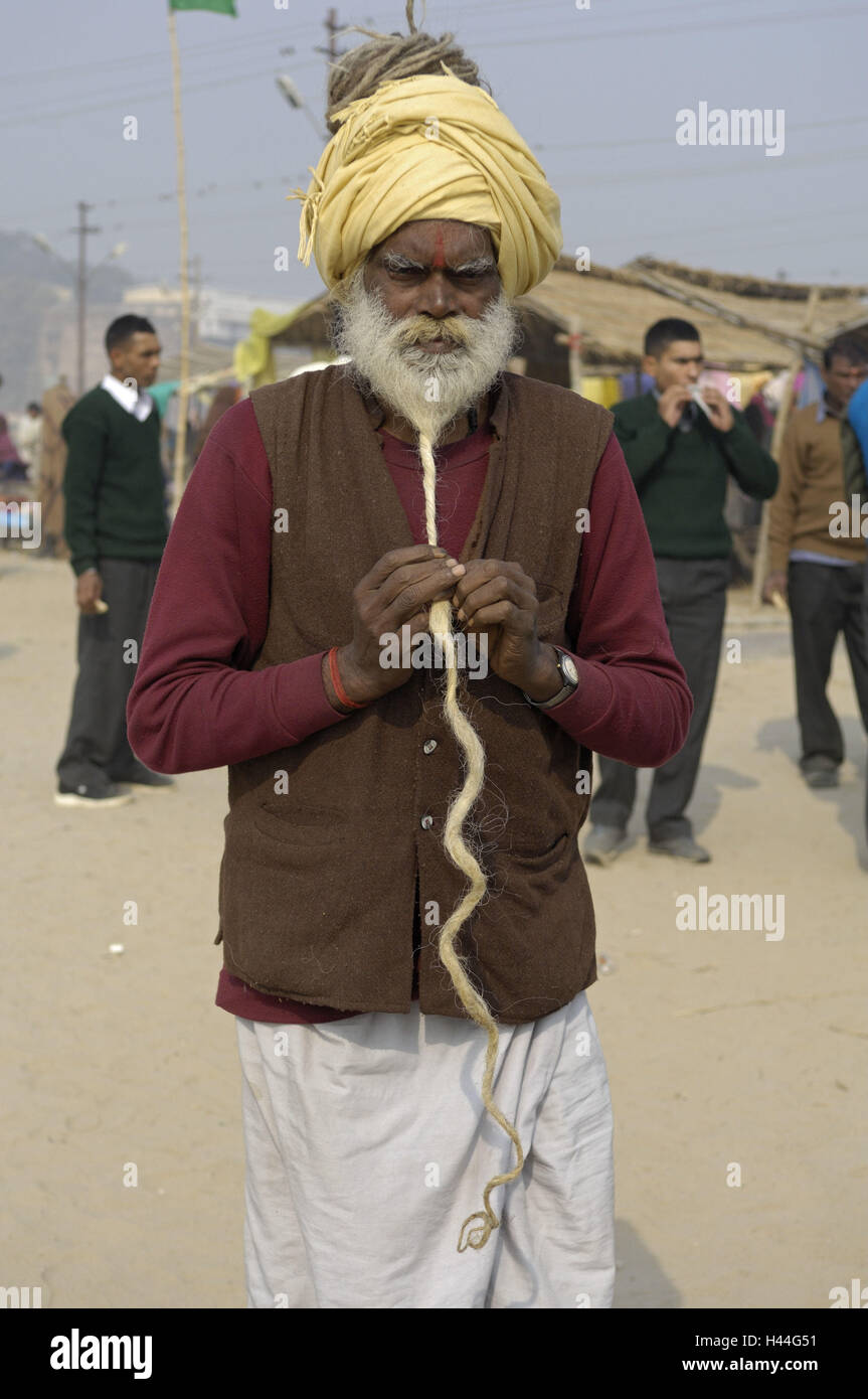 India, Uttar Pradesh, Allahabad, Kumbh Mela, man, beard hair, twist, no ...