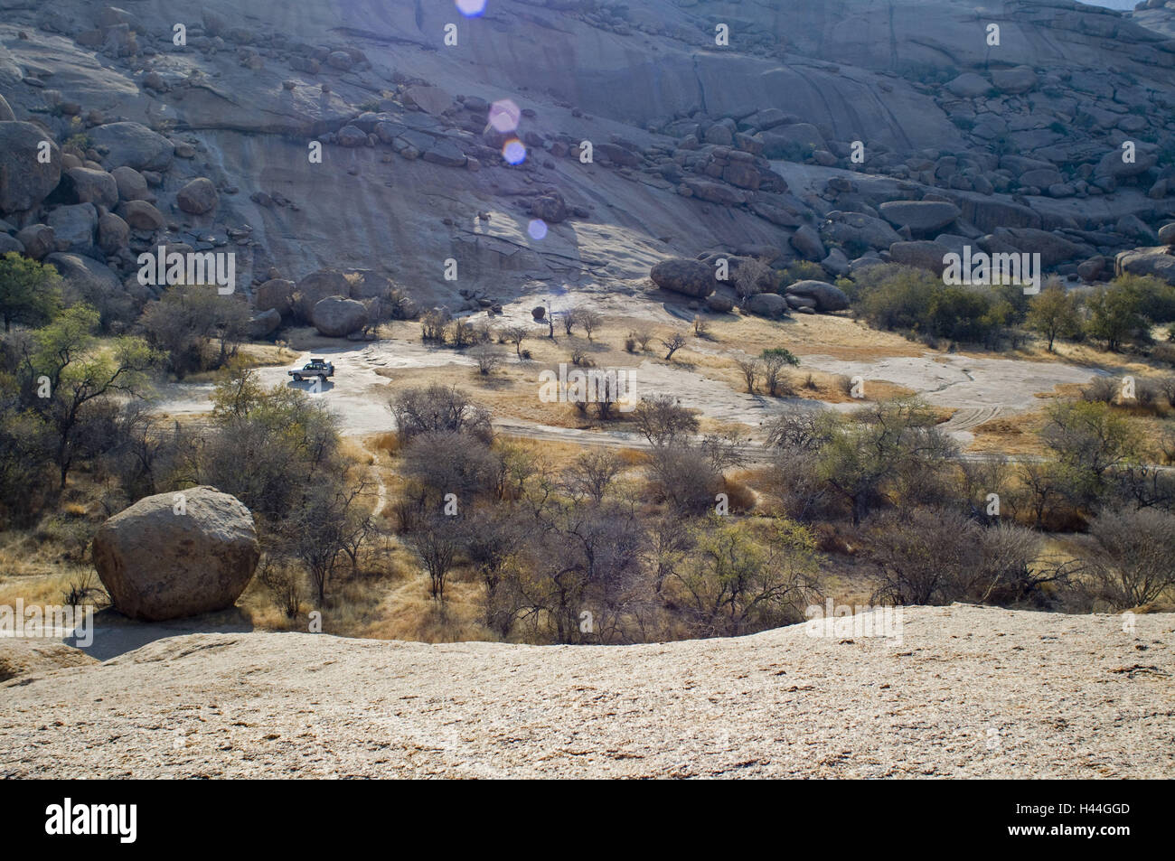 Africa, Namibia, Erongogebirge, farm Ameib, Bull's party, jeep, scenery ...