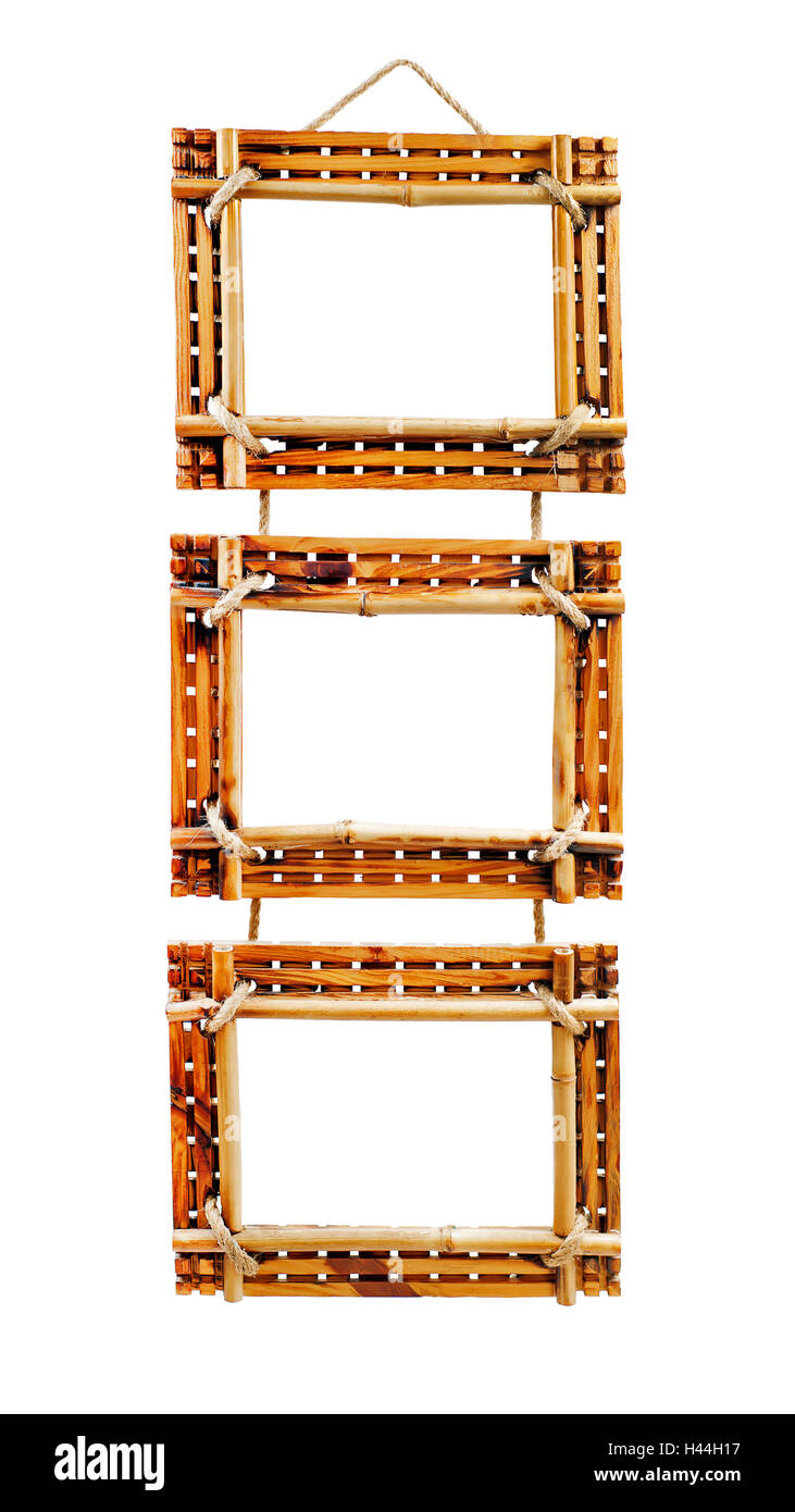 Three bamboo photo frames isolated on white background. Closeup Stock ...