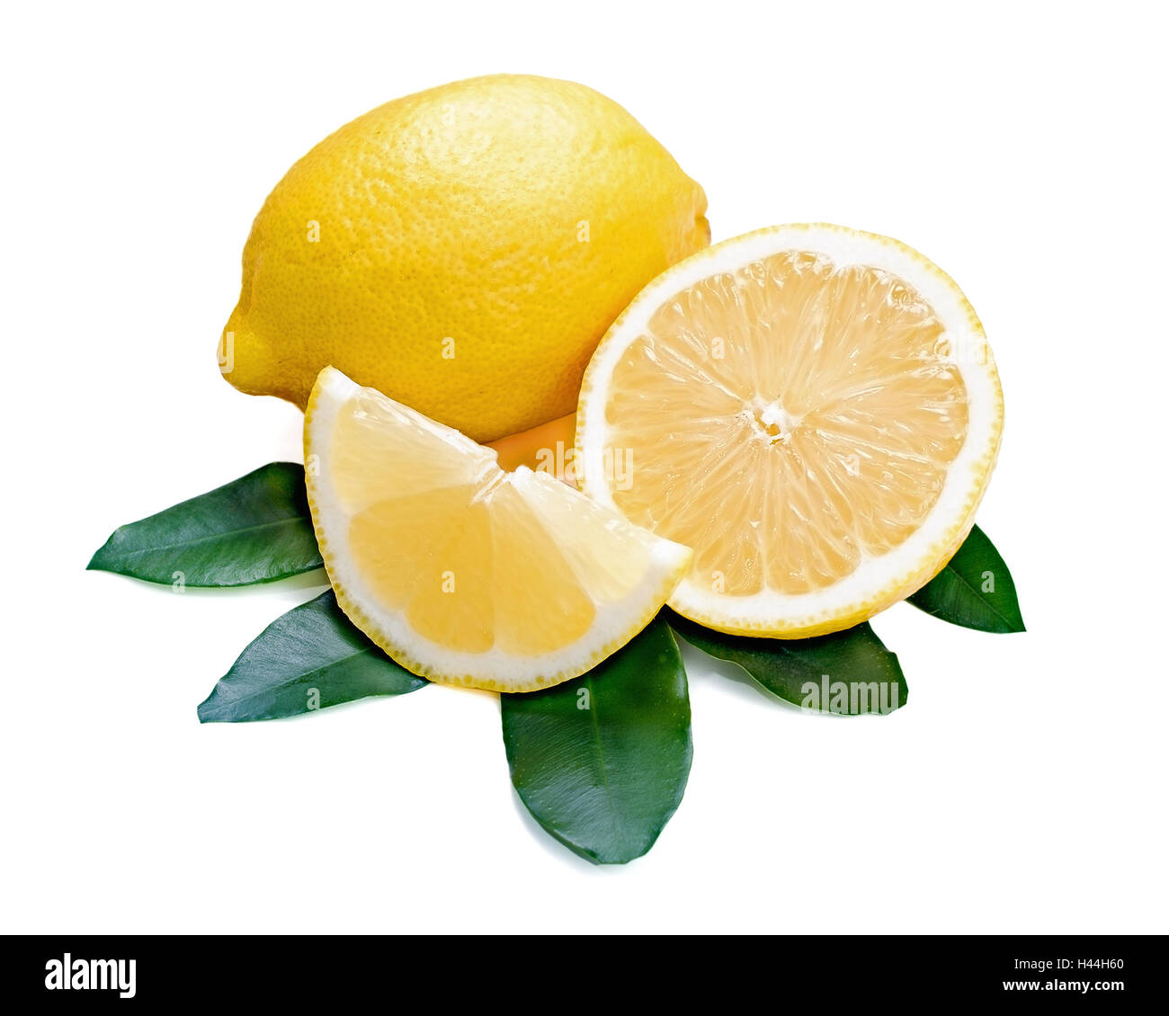 Fresh lemon citrus fruit with cut and green leaves isolated on white ...