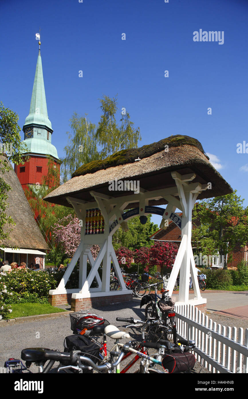 Old country, wooden goal with village church Saint Martine et Nicolai ...
