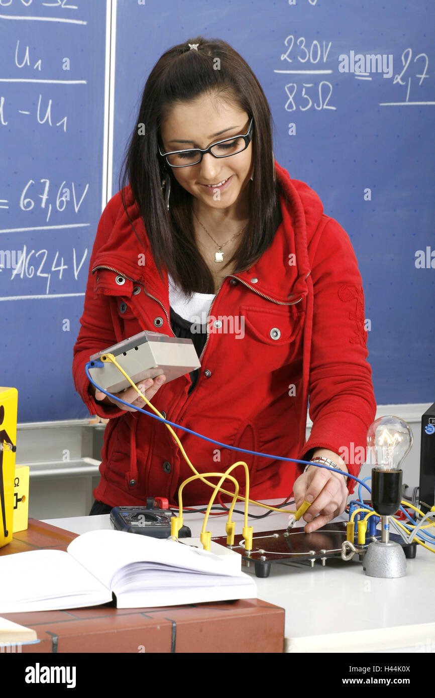 School, physics hall, girl, electricity, attempt Stock Photo - Alamy