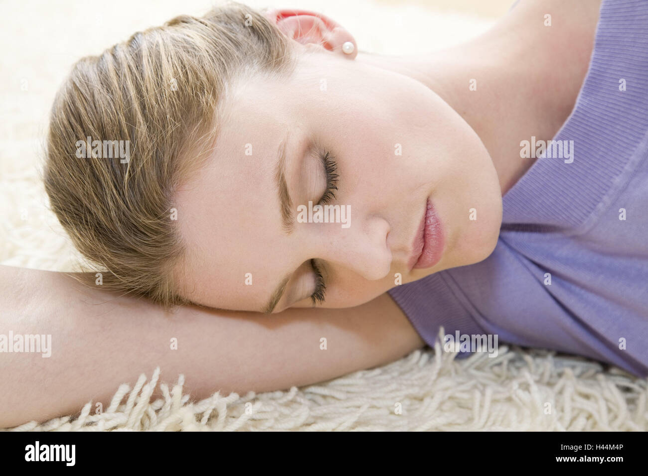 Woman, floor, carpet, sleep, eyes, closed, tiredly, fatigue, portrait ...