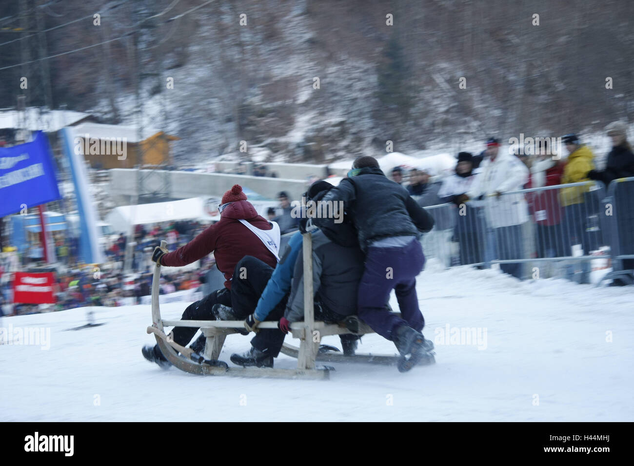 Horn slide races, participants, slide journey, rapidly, back view, no ...