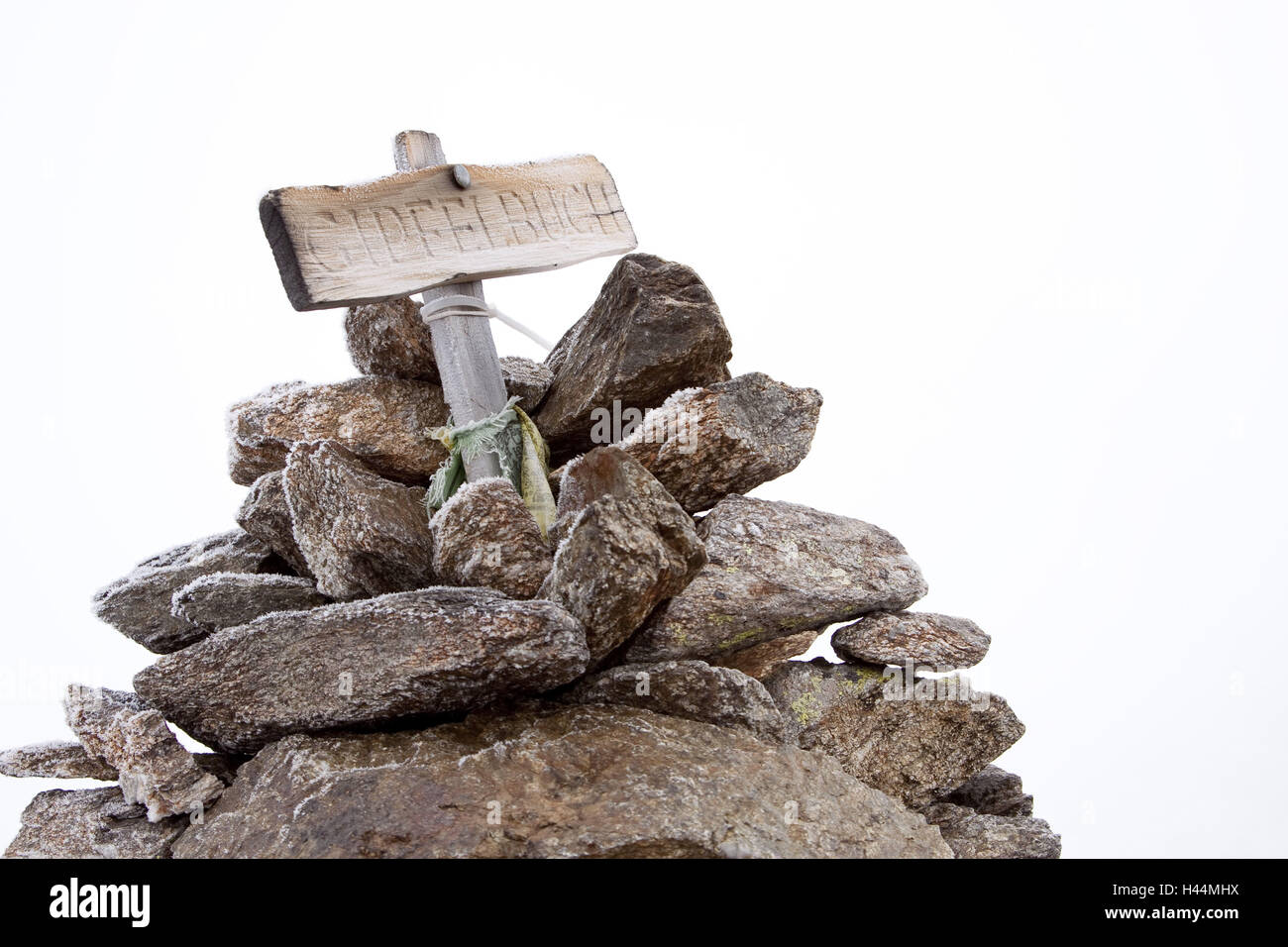 Stones, stacked, wood panel, label Summit book, Gipfelsteinmann ...