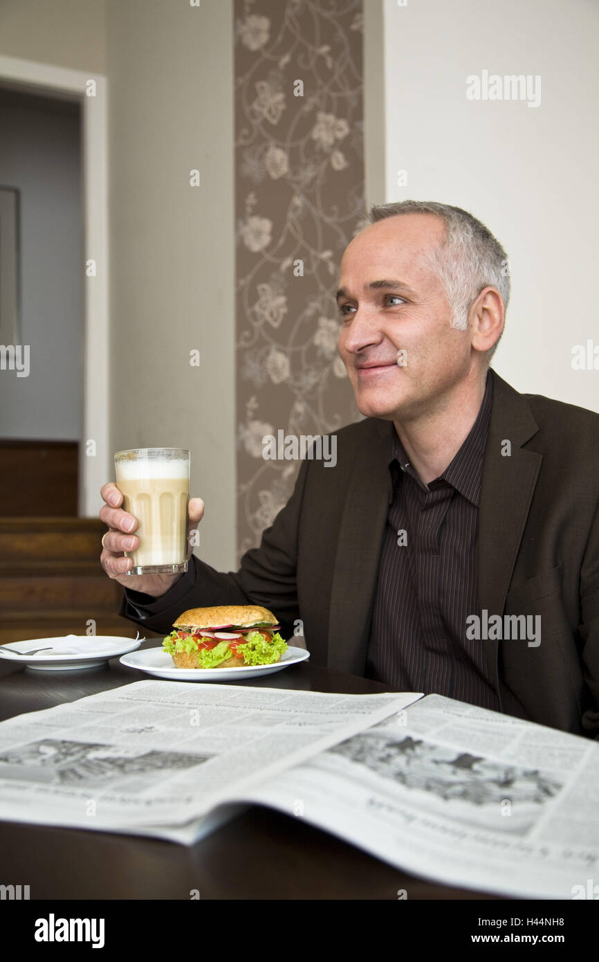 Cafe, man, white coffee, snack Stock Photo - Alamy