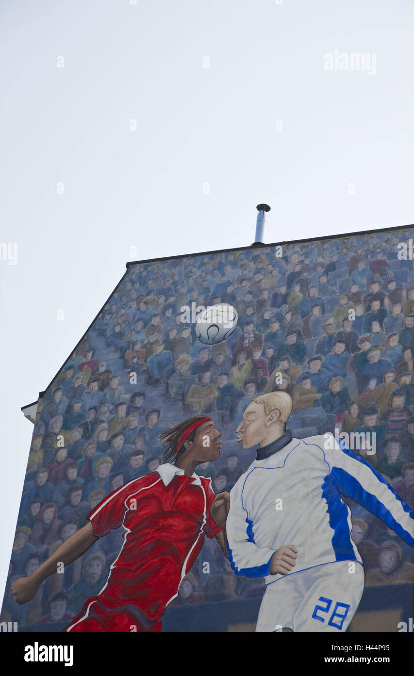 Building, facade, detail, painting, football player, graffiti, outside ...