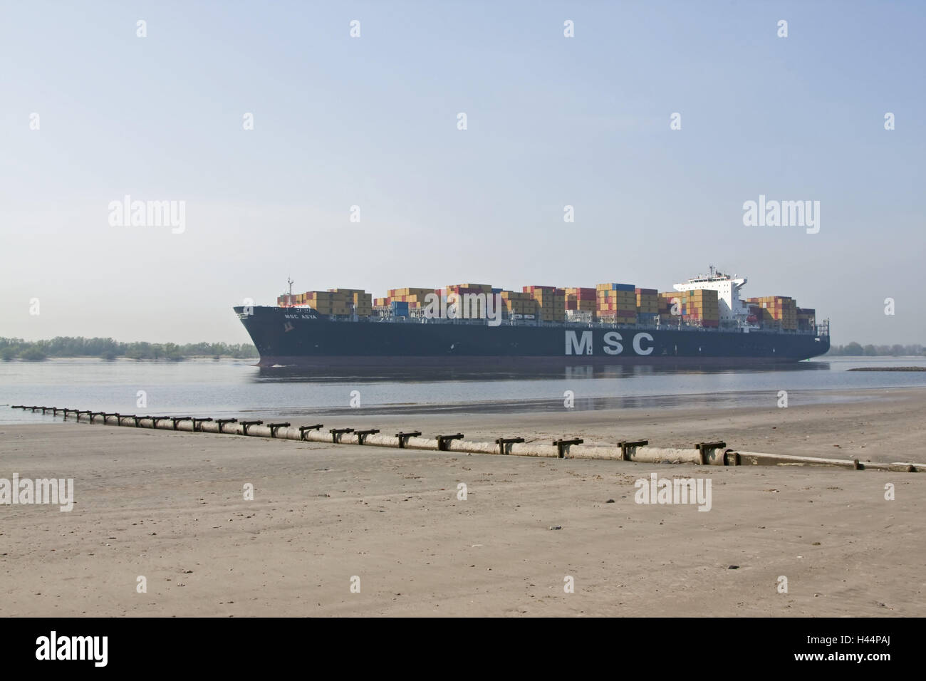 Germany, Hamburg, harbour, river Elbe, container ship, outside, water ...