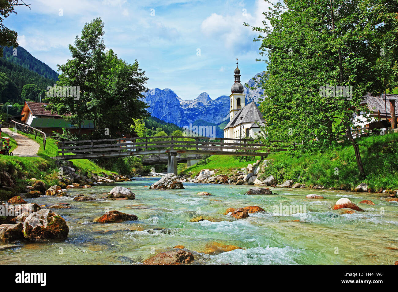 Germany, Bavaria, Ramsau, church Saint Fabian and Sebastian, river ...