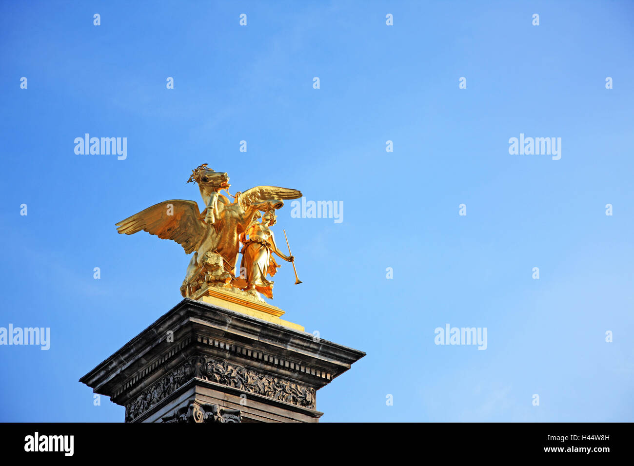 France, Paris, Pont Alexandre III, pillar, bridge figure, gilds ...