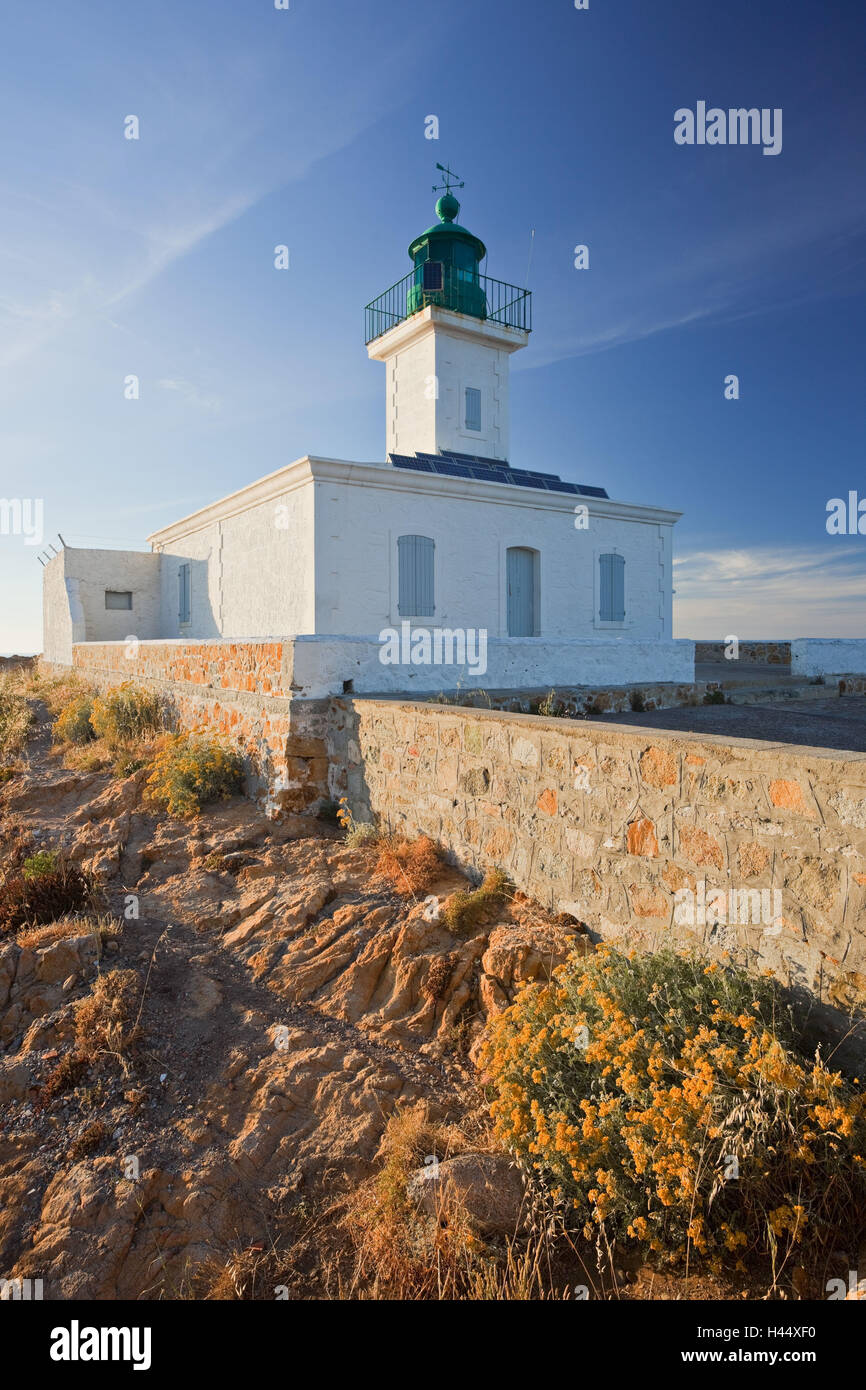 France, Corsica, L'Ile Rousse, lighthouse, Phare de la Pietra Stock ...