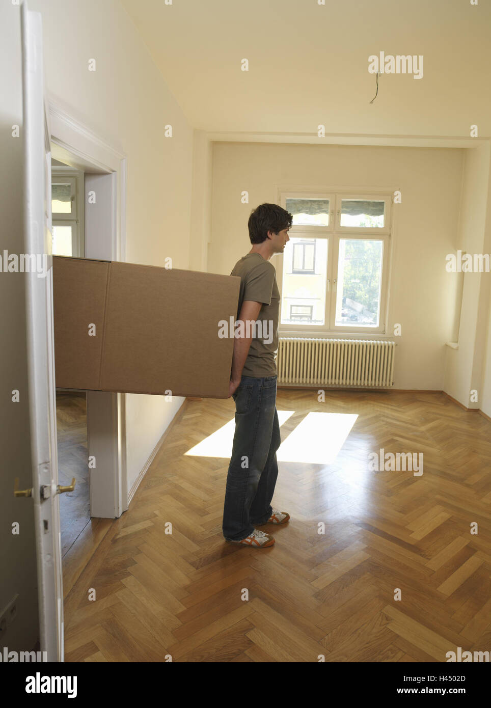 Room, blank, man, young, procession cardboard, carry, flat, room, flat ...