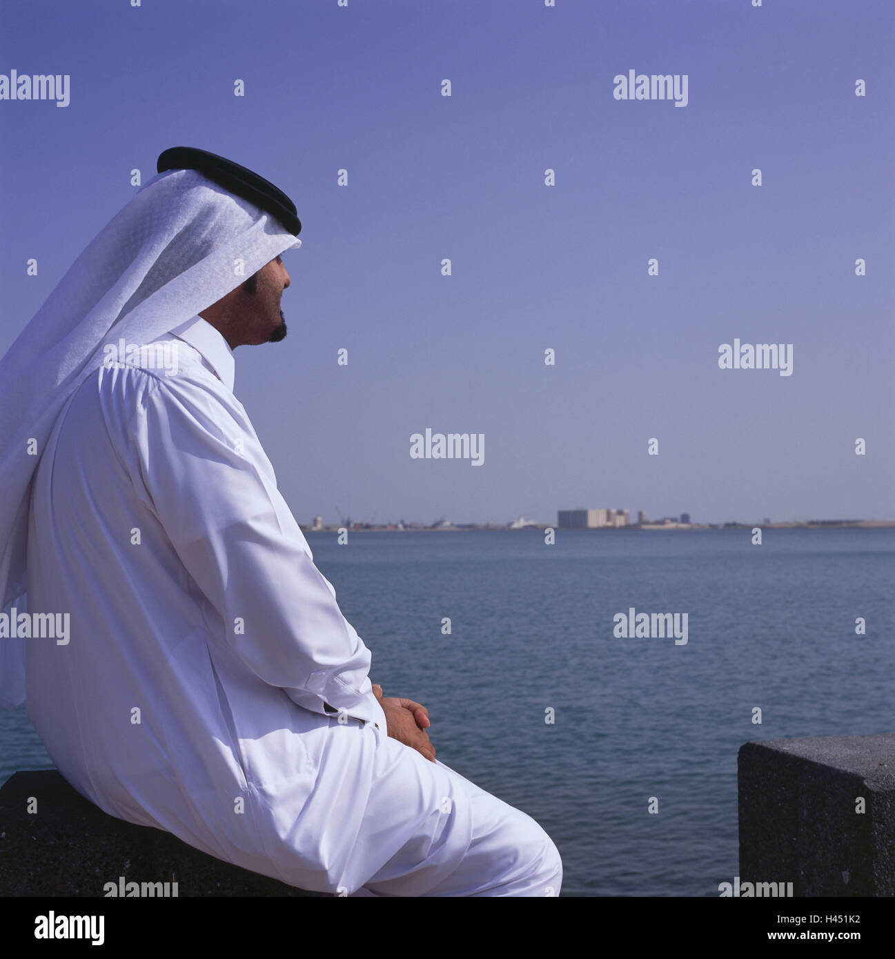 Qatar, Doha, shore, Arab, sitting, view, the Persian Gulf, side view ...