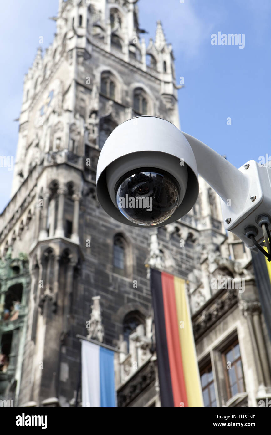 Germany, Bavaria, Munich, new city hall, detail, tower, surveillance ...