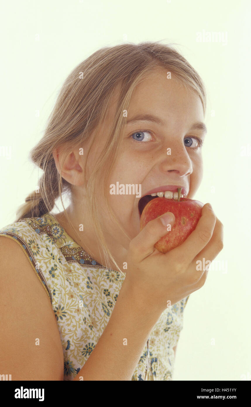 Girls, apple, eat, bite off, portrait, side view, people, child, long ...