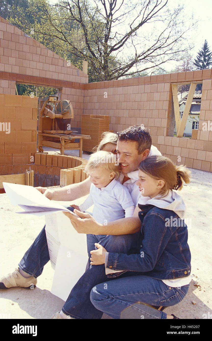 Family, building of a house, father, children, men at work celebration ...