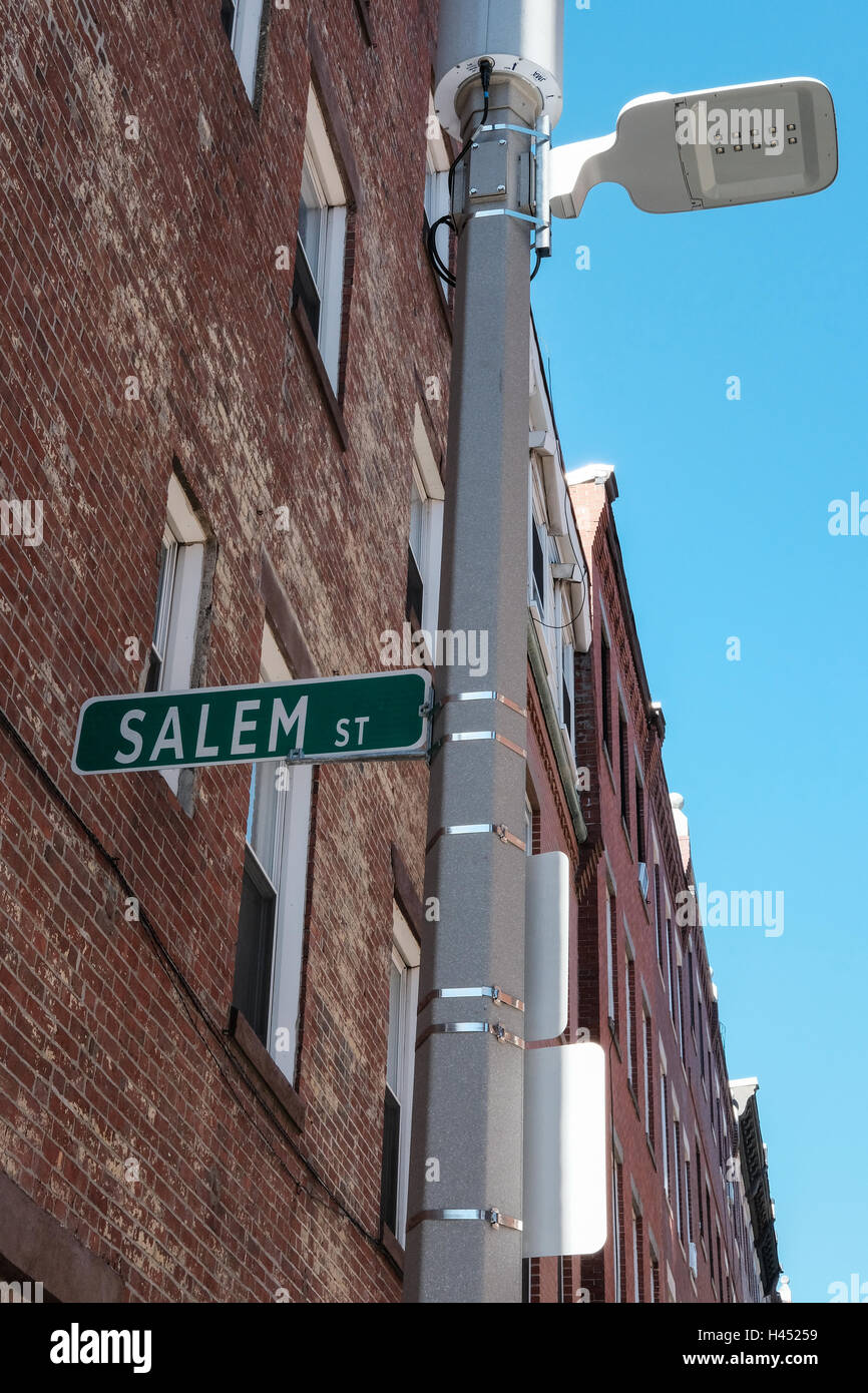 Salem Street road sign seen on a new style LED lamppost in downtown ...