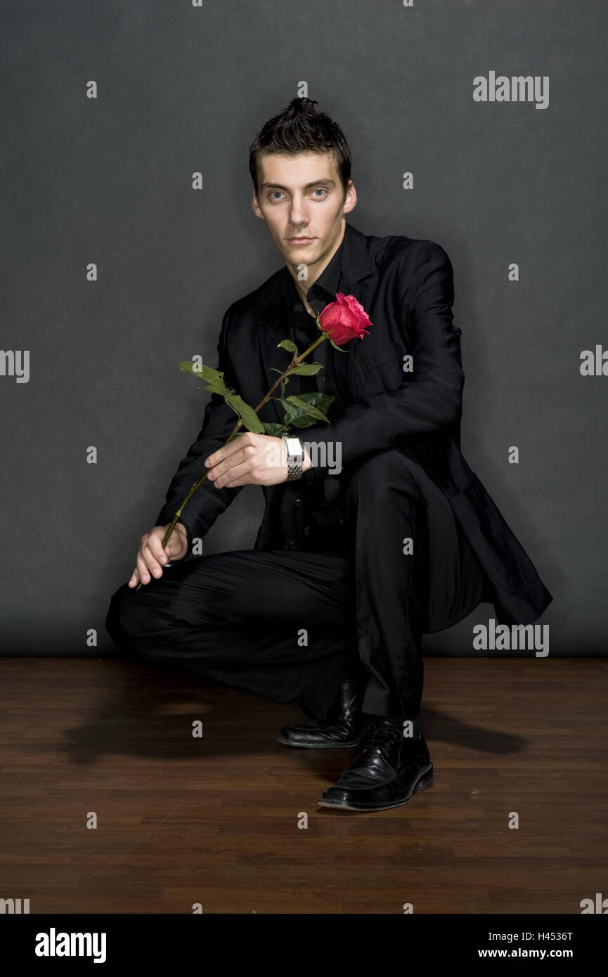 Man, young, view camera, hand, rose, red, people, macho, seducer ...