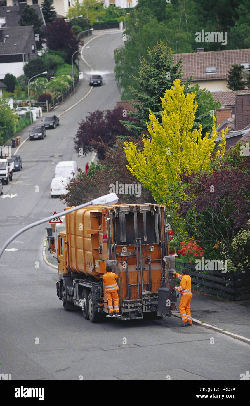 Germany, residential area, street, garbage disposal, men, garbage truck ...
