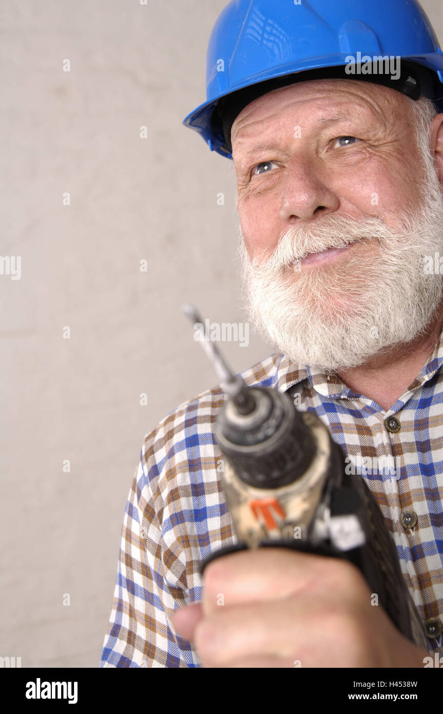 Craftsmen, full beard, white haired, helmet, gesture, drill, portrait ...